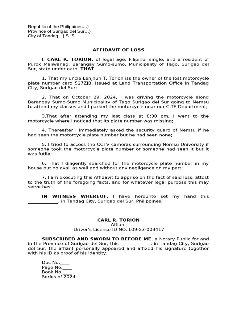 AFFIDAVIT OF LOSS (PLate Number) | PDF