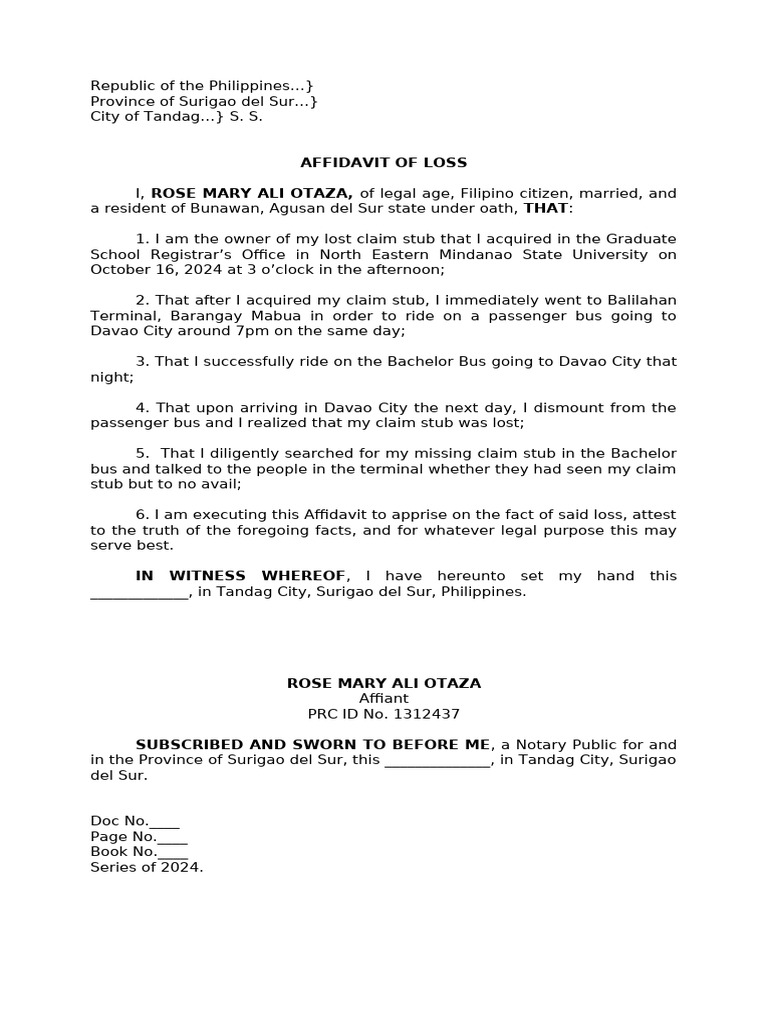 Affidavit of Loss (Claim Stub) | PDF