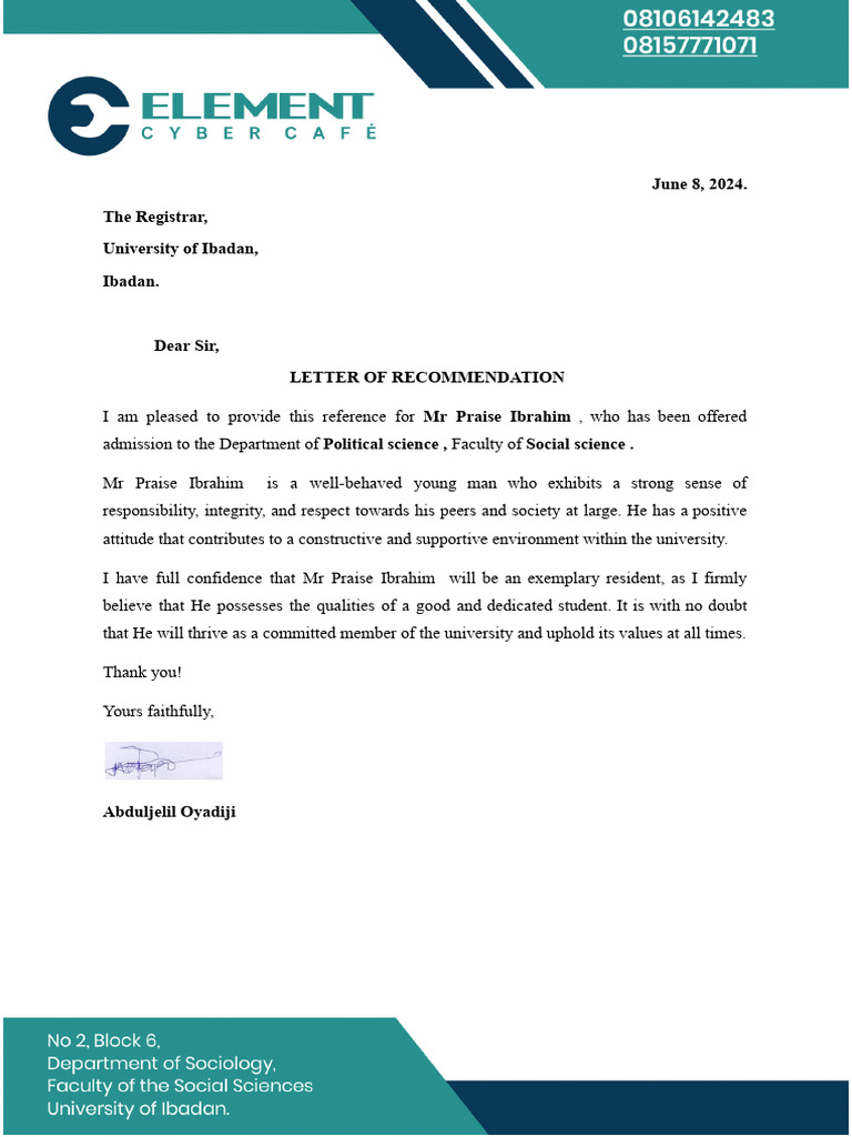 Praise Ibrahim - RECOMMENDATION LETTER 3 FACULTY | PDF
