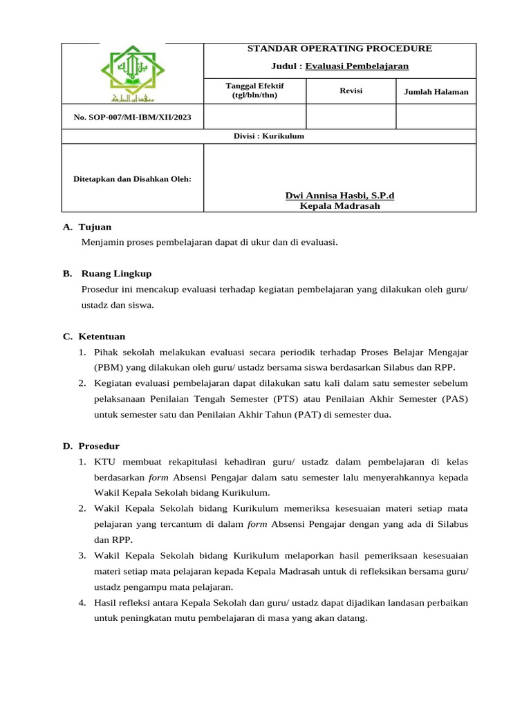 SOP 7. Evaluasi Pembelajaran | PDF