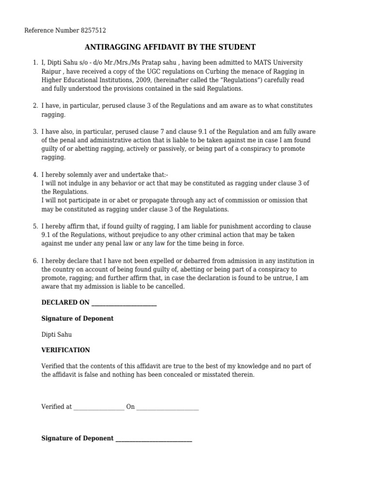 Antiragging Affidavit for Students | PDF | Affidavit | Justice