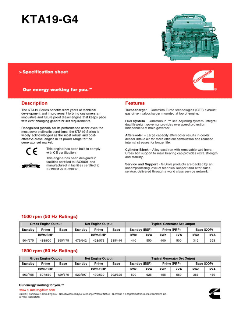 KTA19-G4 standby625KVA | PDF | Engines | Turbocharger