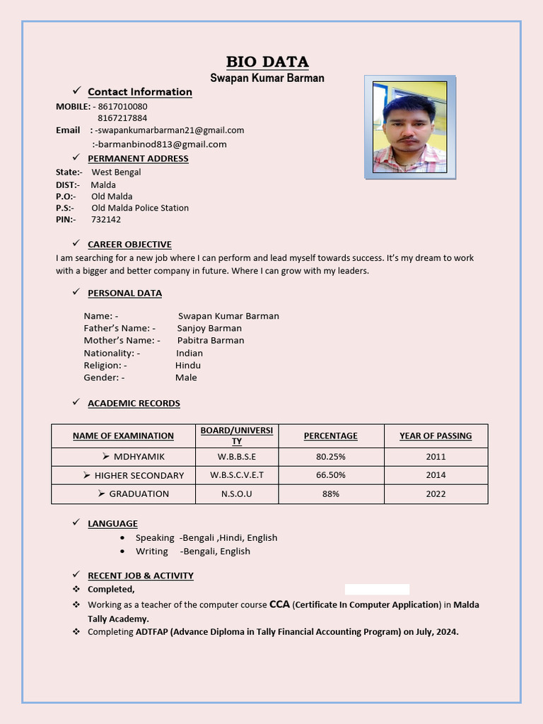 BIO DATA Swapan Kumar Barman | PDF