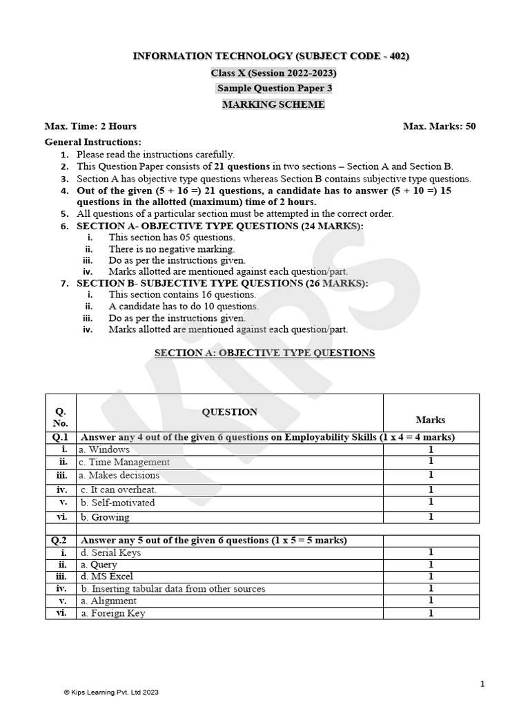 Class X IT Sample Question Paper 402 | PDF | Page Layout | Relational ...