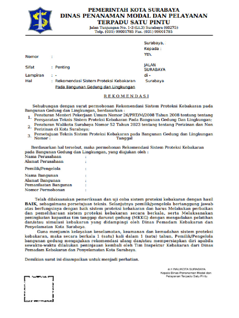 Contoh Rekomendasi SLF Dari Damkar | PDF