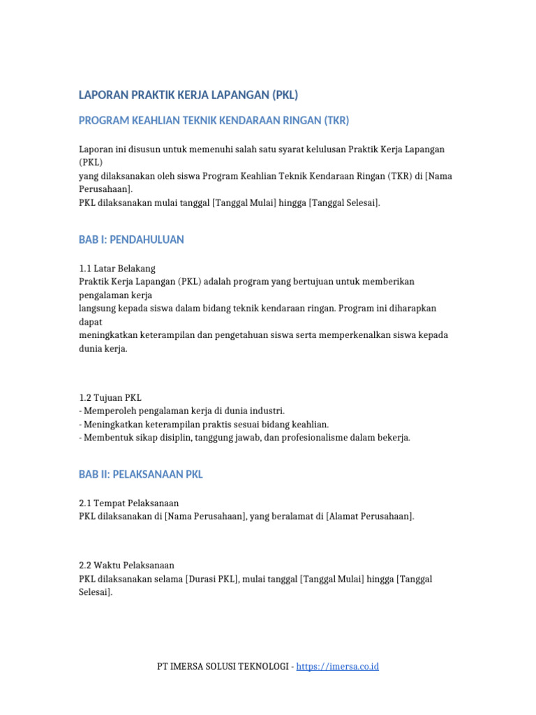 Laporan PKL Jurusan TKR di [Nama Perusahaan] | PDF