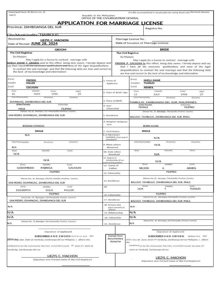 Sample Marriage License Application