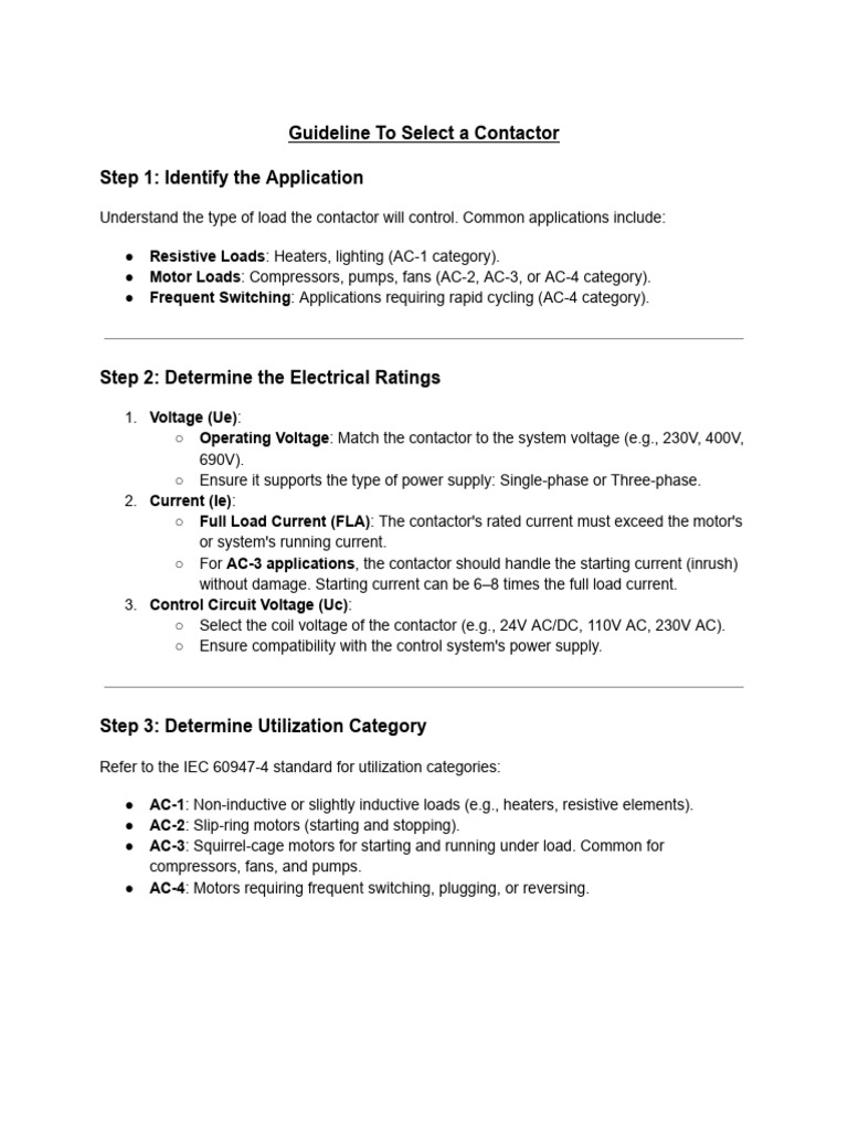 Contactor Selection Guidelines for Motors | PDF | Mains Electricity ...