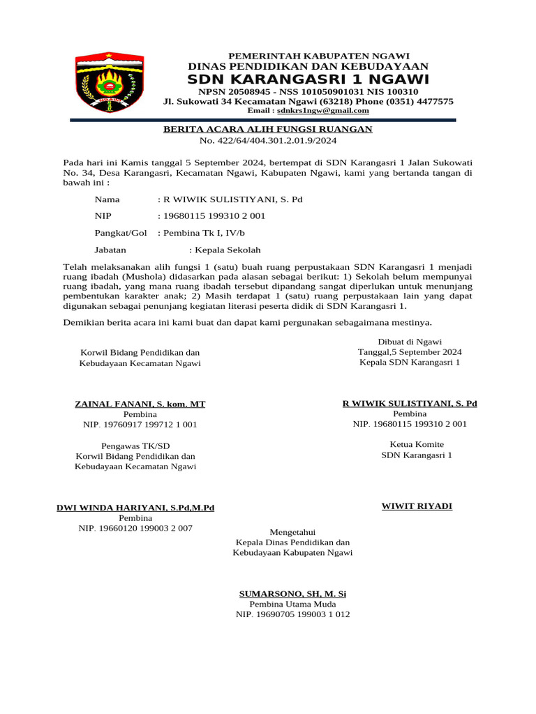 Beriita Acara Alih Fungsi Ruang Perpus - SDN Karangasri 1 | PDF