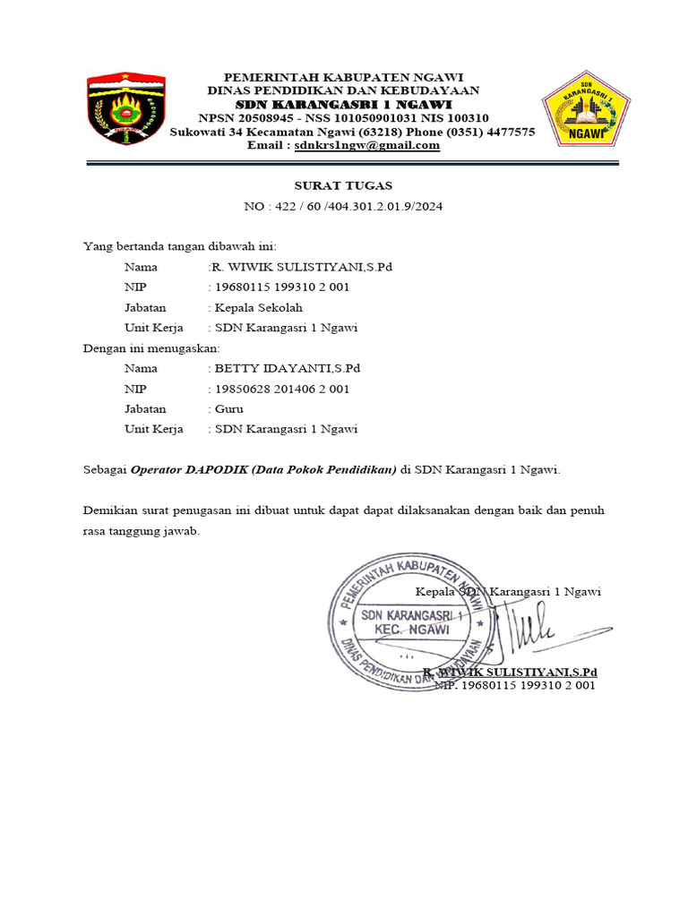 Surat Tugas Operator DAPODIK | PDF