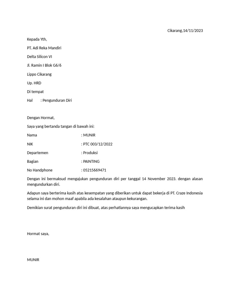 Pengunduran Diri Karyawan PT Craze Indonesia | PDF