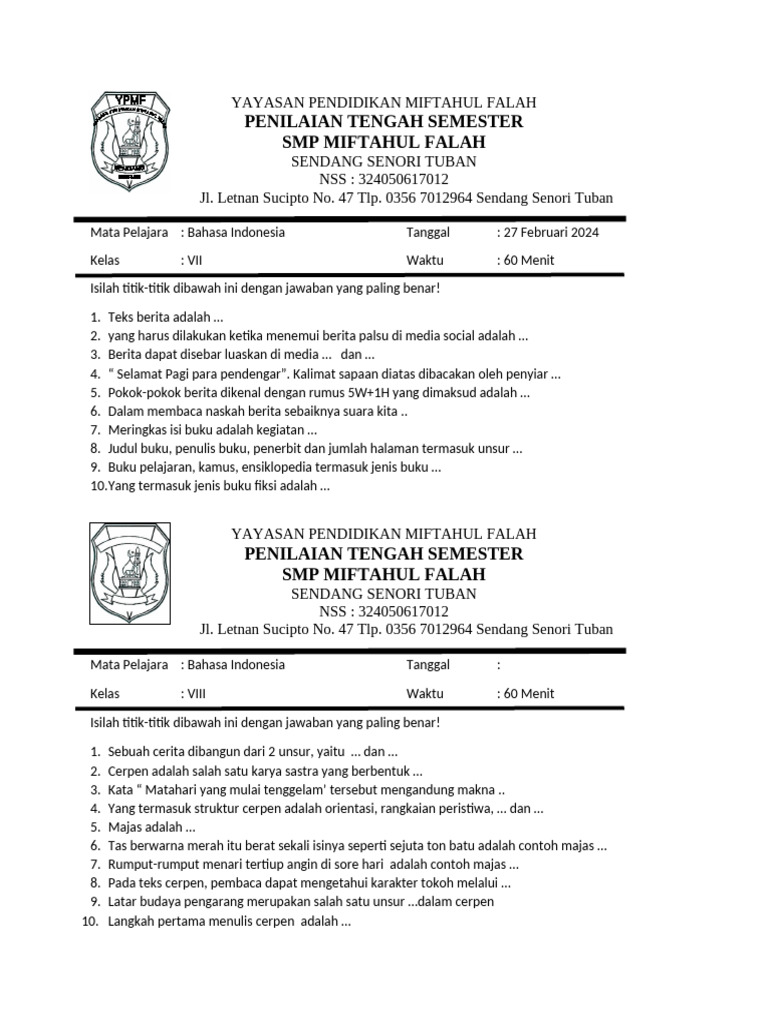 Pts Bahasa Indonesia Kelas Vii-Vii-ix Thun 2024 | PDF