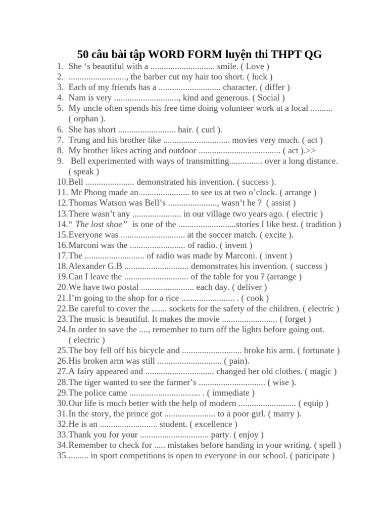 50 câu bài tập WORD FORM luyện thi THPT QG | PDF