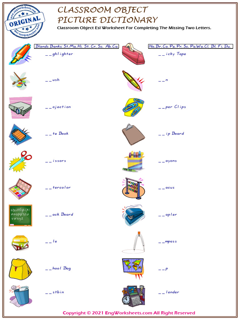 Classroom Object Esl Worksheet For Completing The Missing Two Letters ...