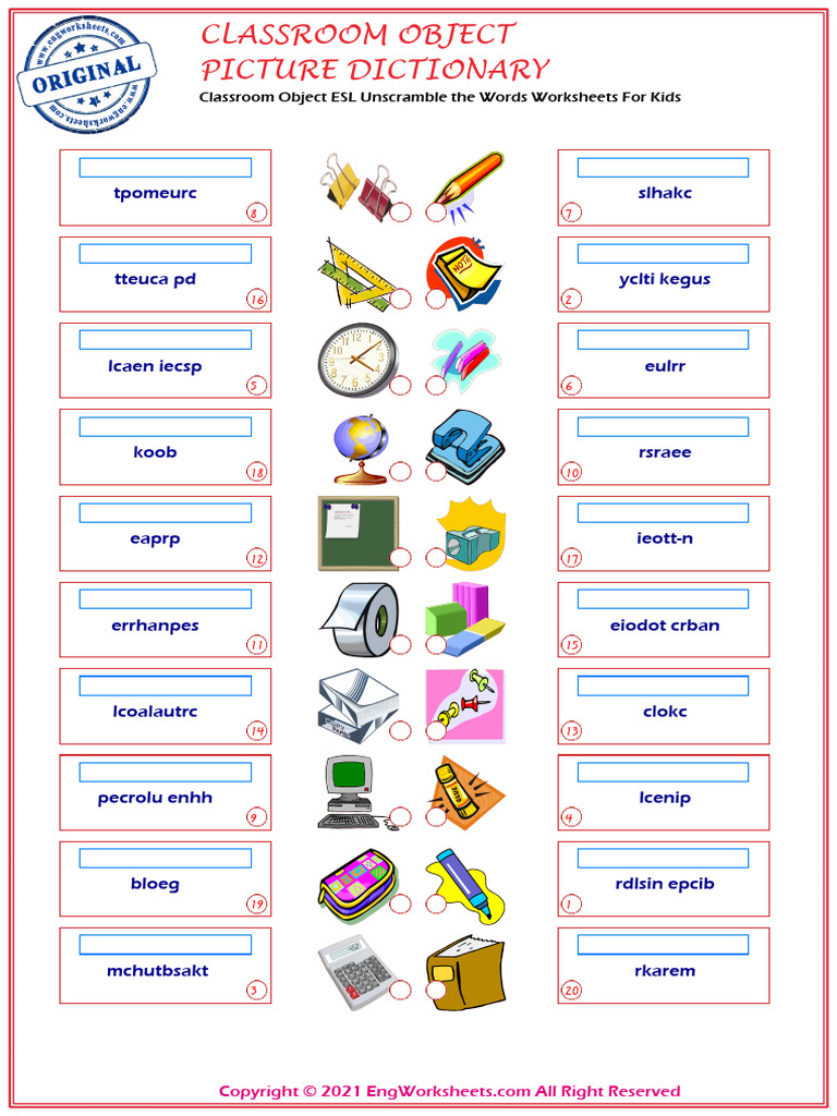 classroom-object-esl-unscramble-the-words-worksheets-for-kids-8024 | PDF | Conservation And ...