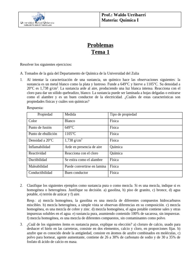 Problemario Tema 1 | PDF | Agua | Sustancias químicas