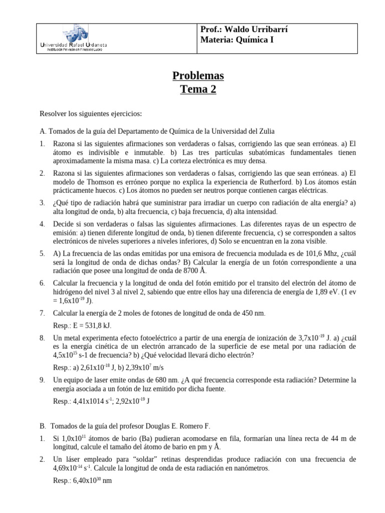 Problemario Tema 2 | PDF | Radiación electromagnética | Átomos