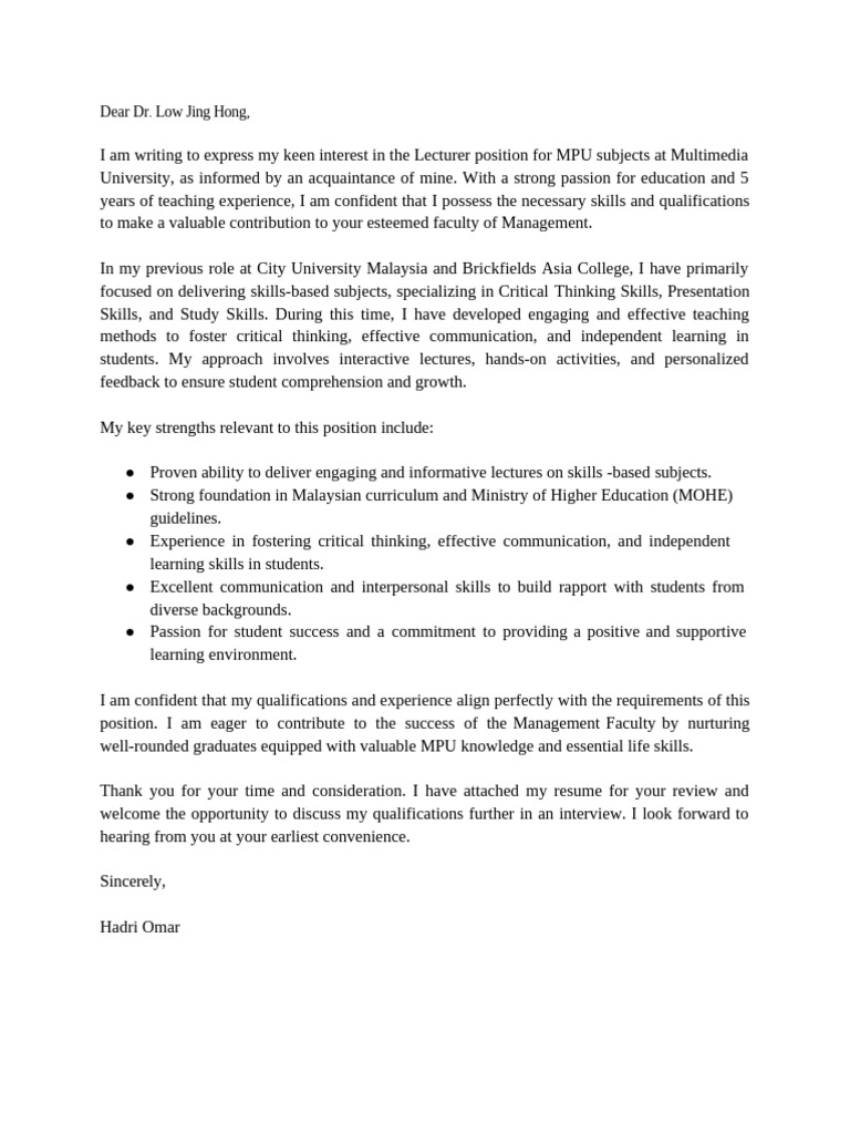 Cover Letter Sunway College | PDF