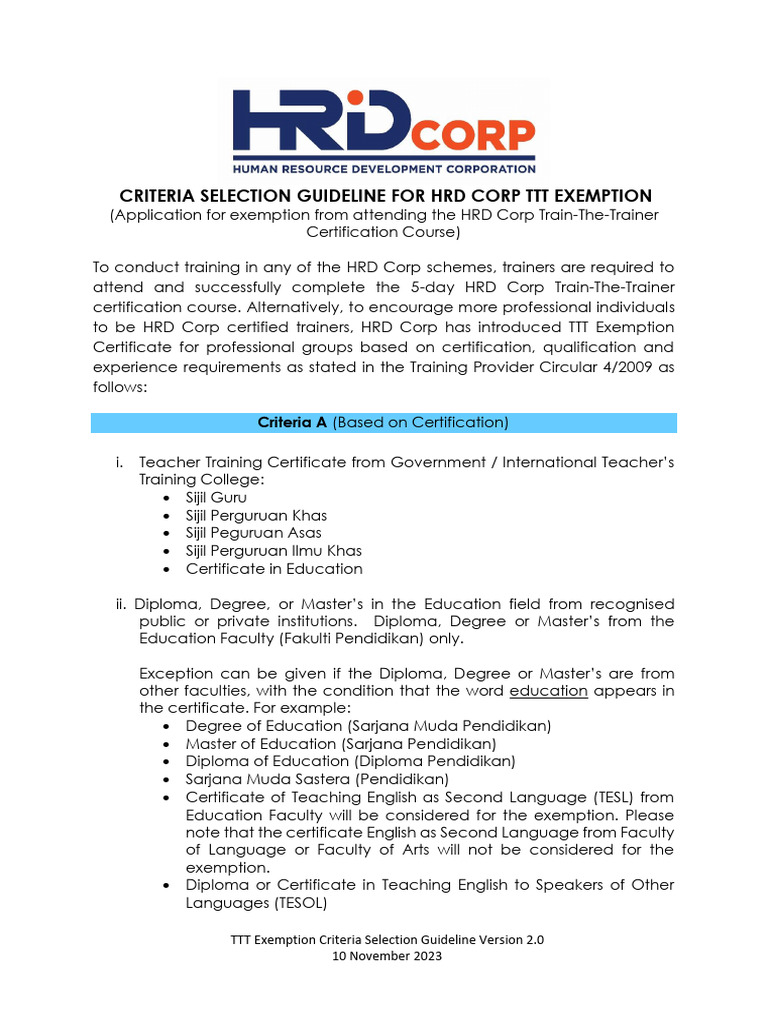 Criteria-selection-guideline-for-HRD-Corp-TTT-exemption_v2_112023 | PDF ... Criteria-selection-guideline-for-HRD-Corp-TTT-exemption_v2_112023 | PDF ...