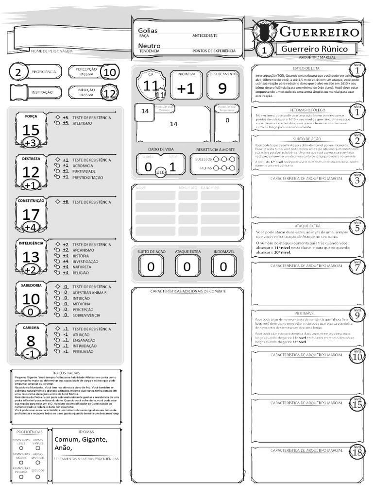 DND 5e - Ficha - Guerreiro - Editável | PDF