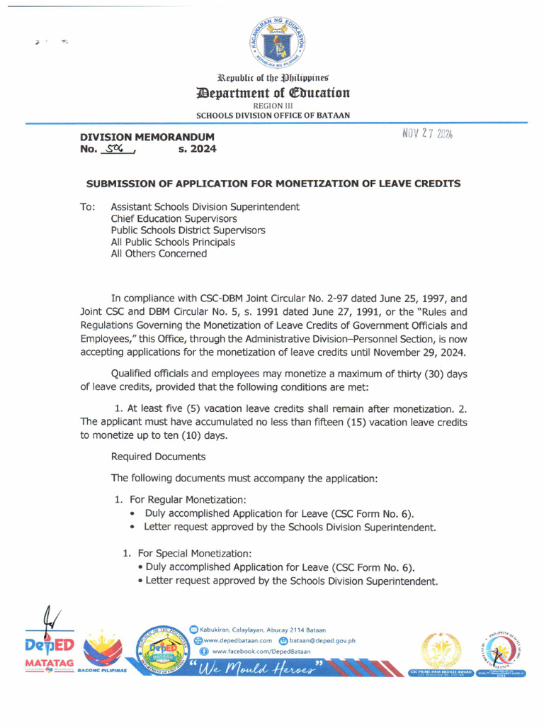 Submission of Application For Monetization of Leave Credits | PDF