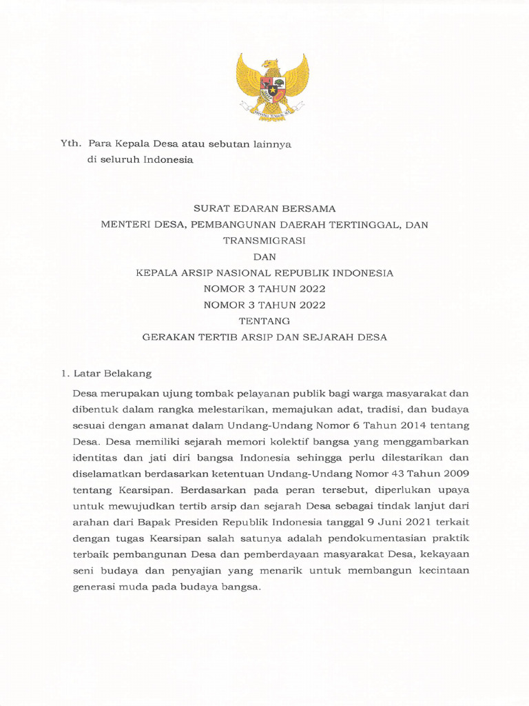 0 - Surat Edaran Bersama Kemendes PDTT-ANRI No 3 2022 | PDF