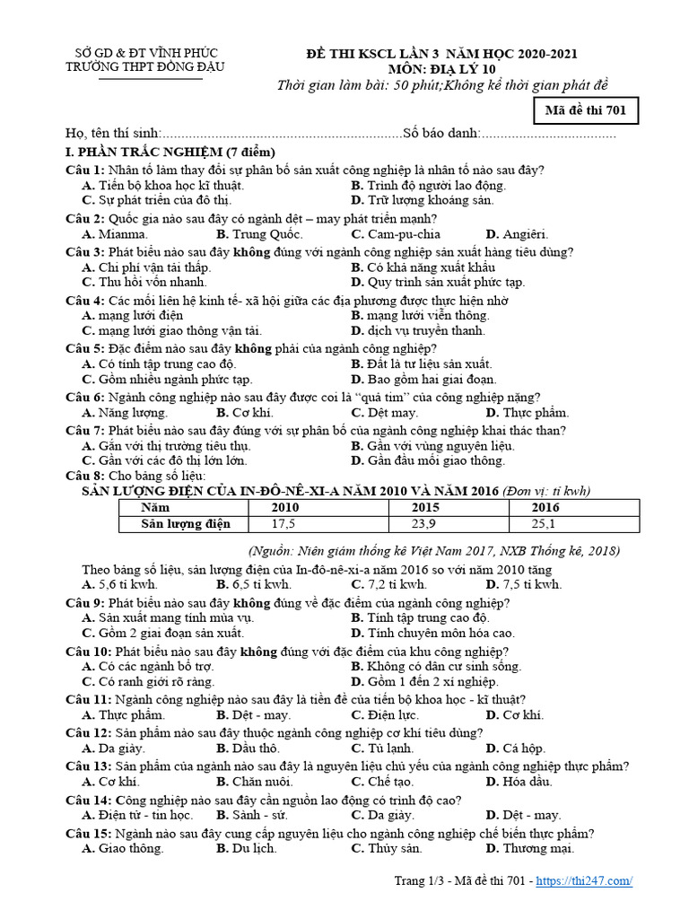 De Khao Sat Dia Li 10 Lan 3 Nam 2020 2021 Truong THPT Dong Dau Vinh Phuc | PDF