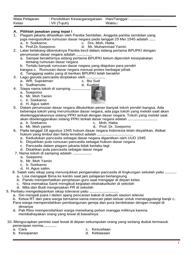 Soal PTS PKN Kelas VII Ganjil 2024 | PDF