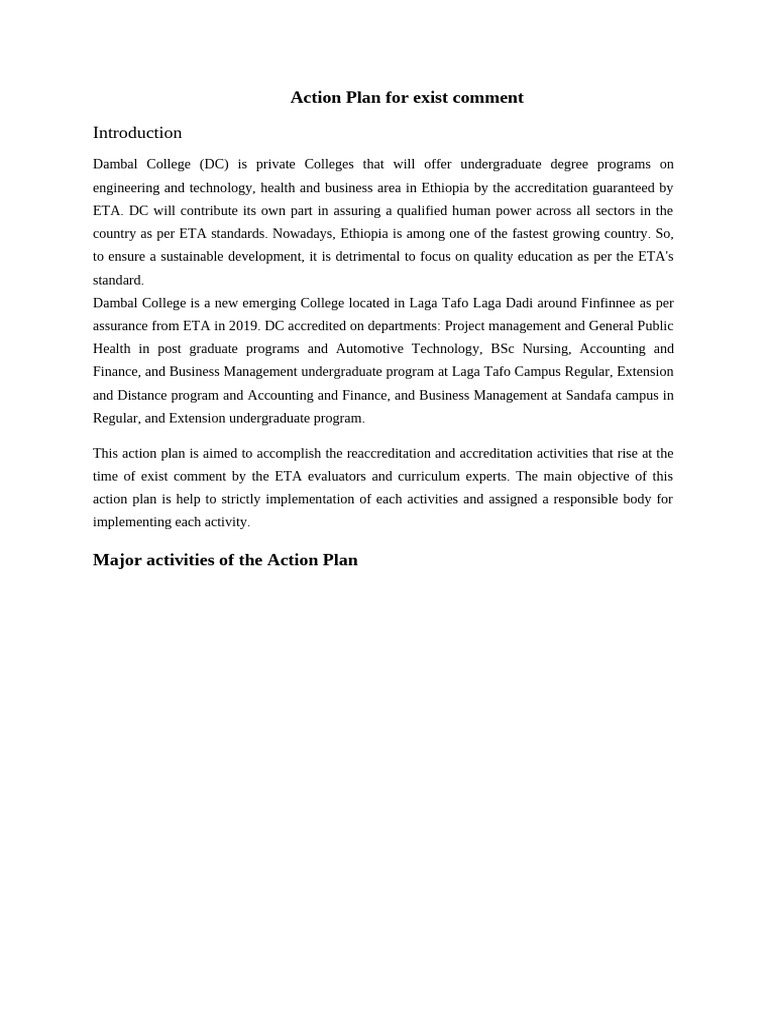 Action Plan for Sendafa Campus | PDF