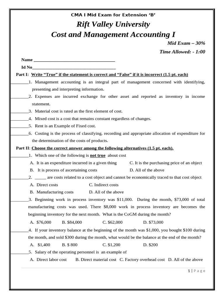 Cma 1 Mid 2024 Ex b | PDF | Expense | Business Economics
