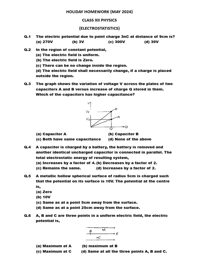 Holiday Homework 2024 (Physics Xii) | PDF | Capacitor | Capacitance