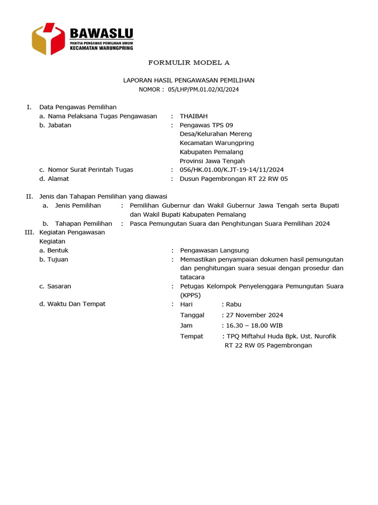 Form A Pengawasan Pilkada 2024 - (Pasca Pemungutan Dan Penghitungan Suara) Tps 09 Mereng | PDF