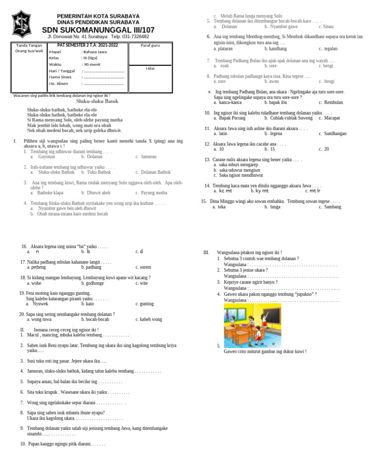Soal Pat S2 KLS 3 B.jawa | PDF