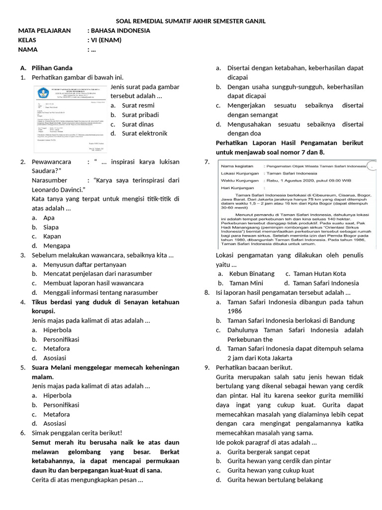 Remedial SAS Ganjil Bahasa Indonesia | PDF