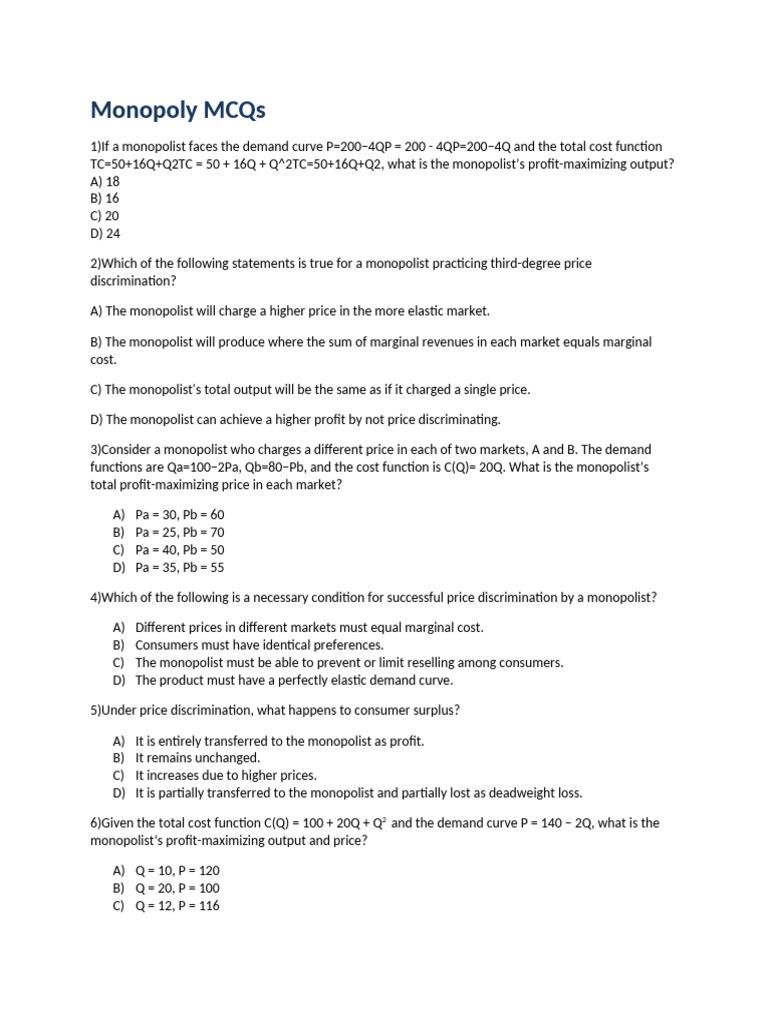 Monopoly Mcqs Pdf Monopoly Price Discrimination
