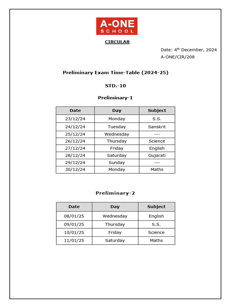 Std.10 Preliminary Exam Time Table | PDF