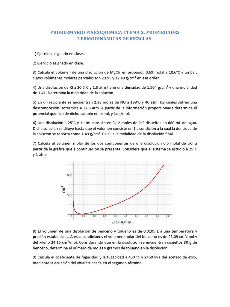 Problemario Fisicoquímica i Tema 2 | PDF | Concentración | Mecánica de Medios Continuos