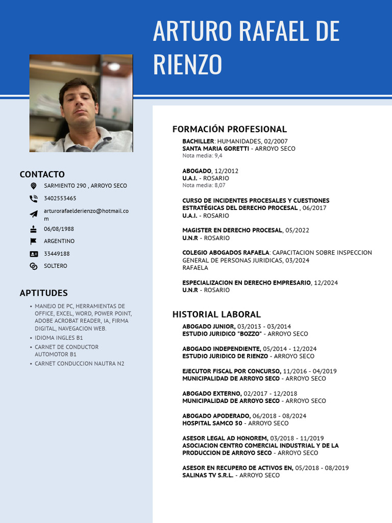 De Rienzo Arturo Rafael Curriculum Vitae | PDF | Práctica de la ley | Justicia