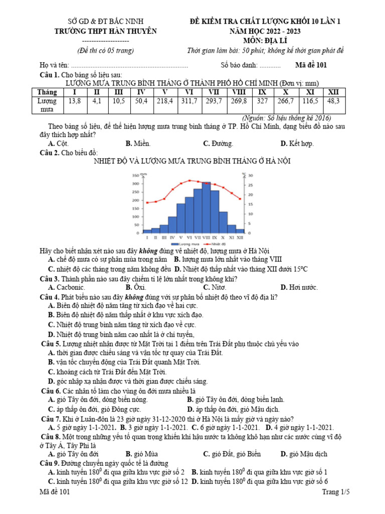 De Kiem Tra Dia Li 10 Lan 1 Nam 2022 2023 Truong THPT Han Thuyen Bac Ninh | PDF