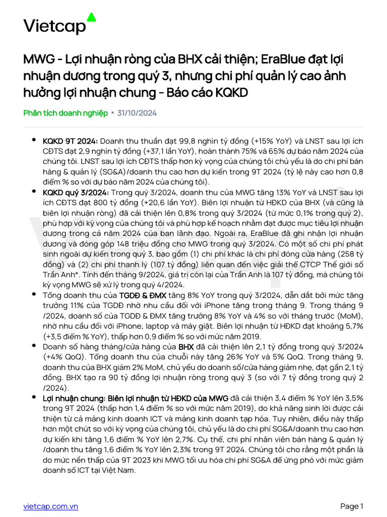 MWG Loi Nhuan Rong Cua BHX Cai Thien Erablue Dat Loi Nhuan Duong Trong Quy 3 Nhung Chi Phi Quan ...