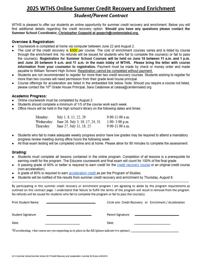WTHS Summer Credit Recovery Info | PDF