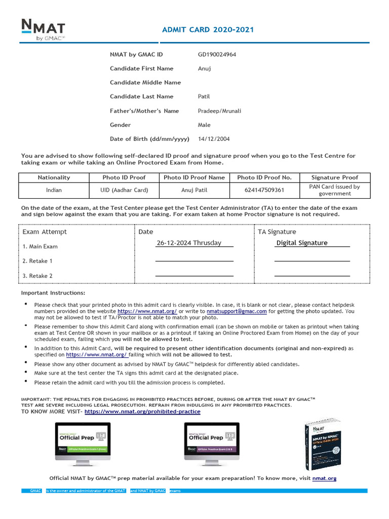 NMAT Admit Card for Anuj Patil | PDF | Applications Of Cryptography ...