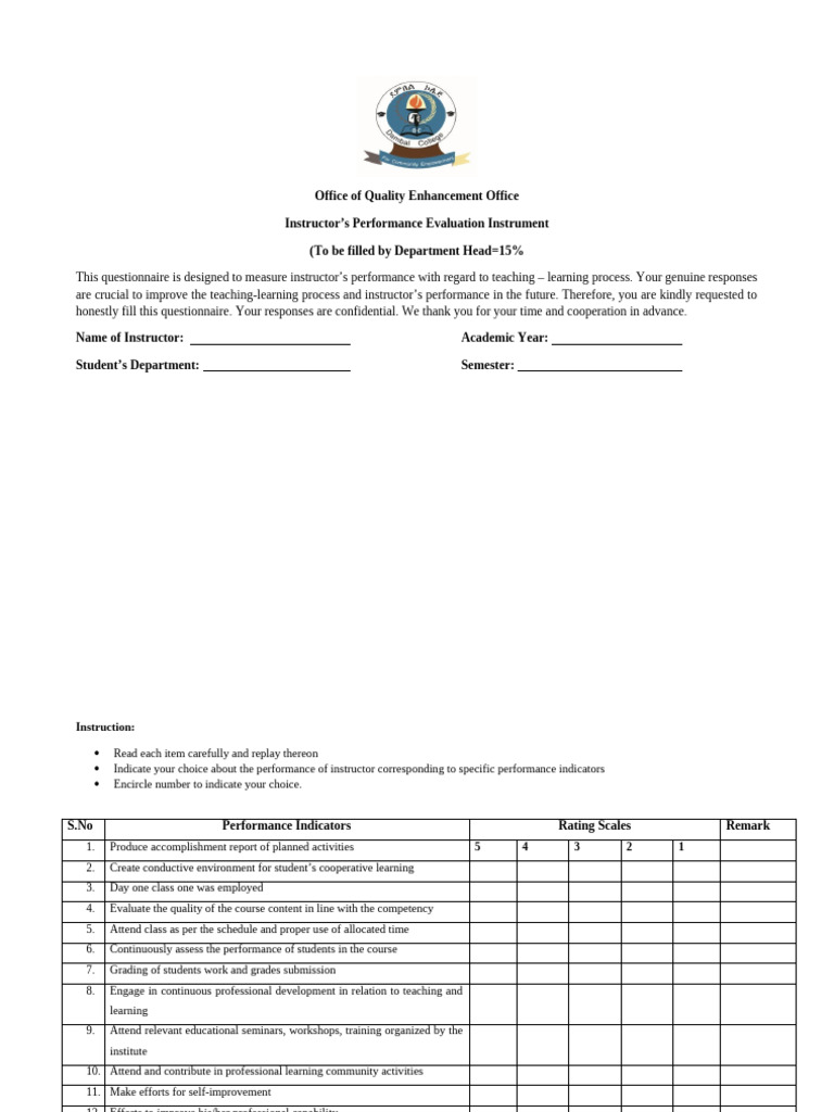 Instructors VS Head & Colleagues EValuation Form | PDF | Learning ...