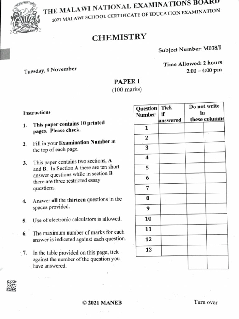2021 MANEB Chemistry I | PDF