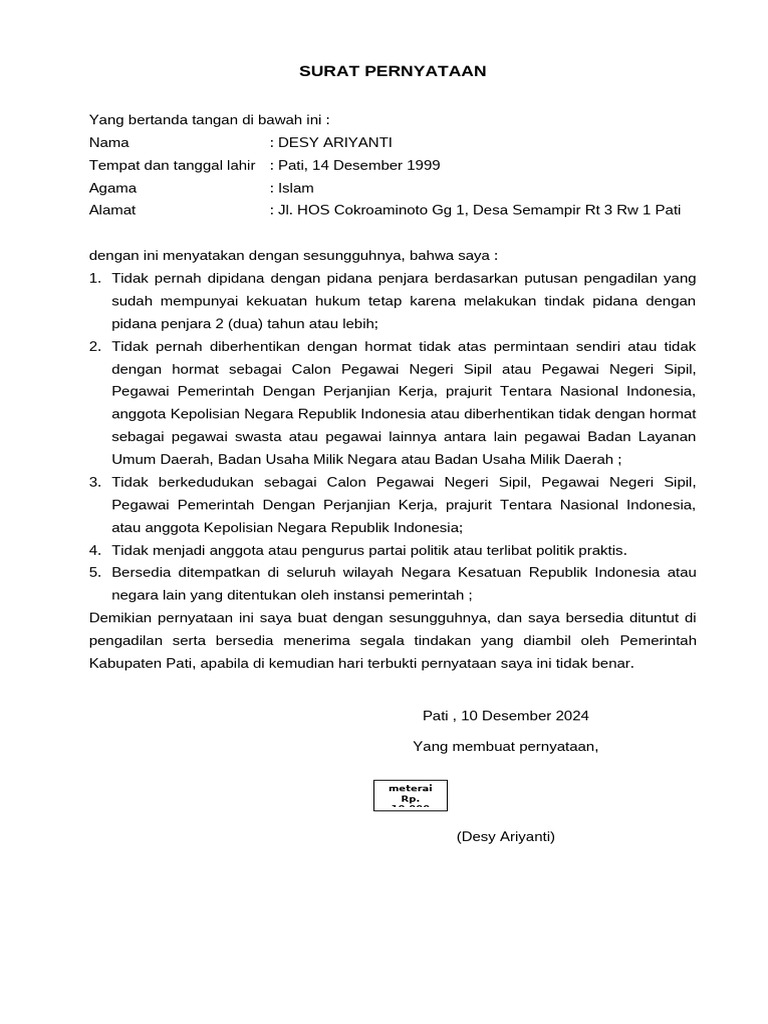 2. Surat Pernyataan Desy | PDF