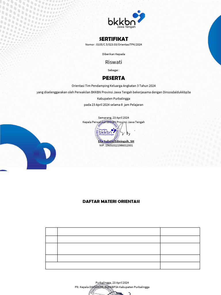 Sertifikat Peserta Orientasi TPK 2024 | PDF