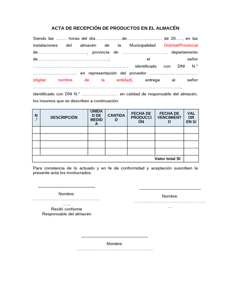Acta de Recepción de Productos en Almacén | PDF