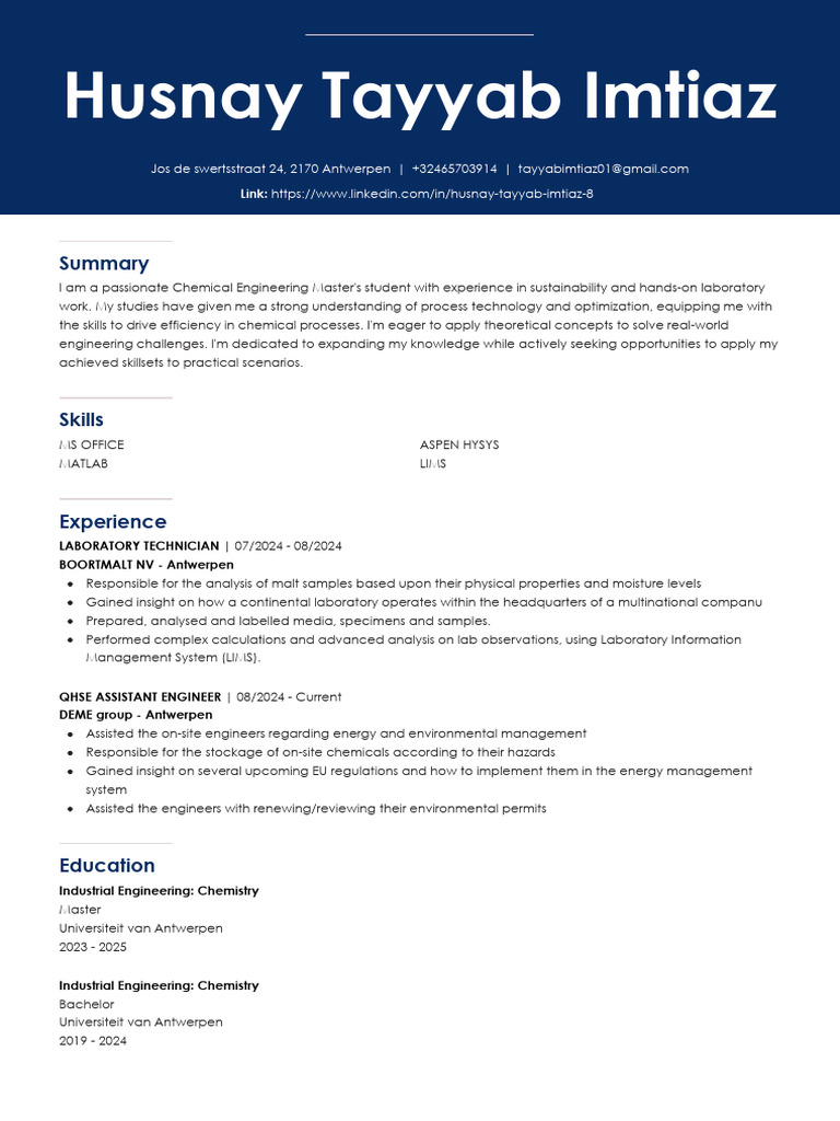 Husnay Tayyab - Imtiaz - CV | PDF