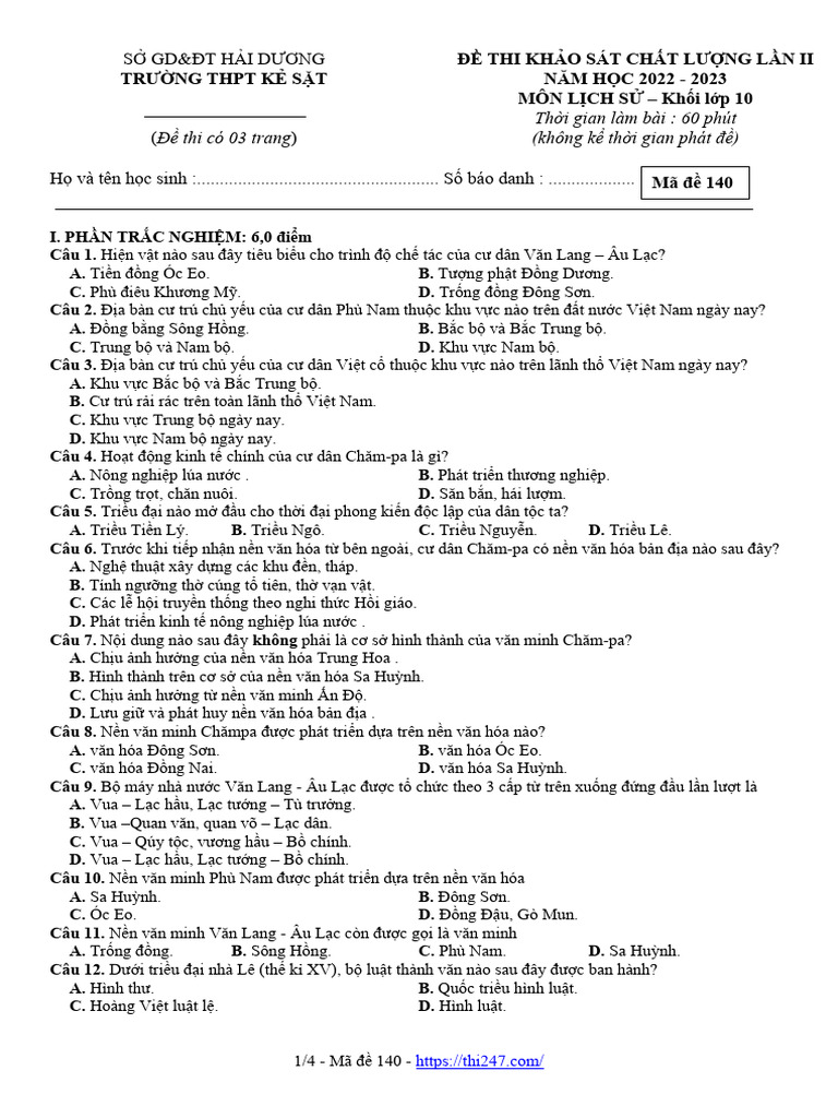 De Khao Sat Lich Su 10 Lan 2 Nam 2022 2023 Truong THPT Ke Sat Hai Duong | PDF