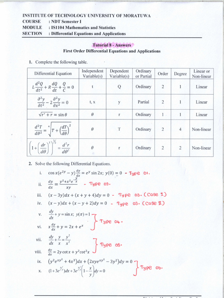 First Order Differential Equations-Tutorial Answers | PDF | Nonlinear System | Differential ...
